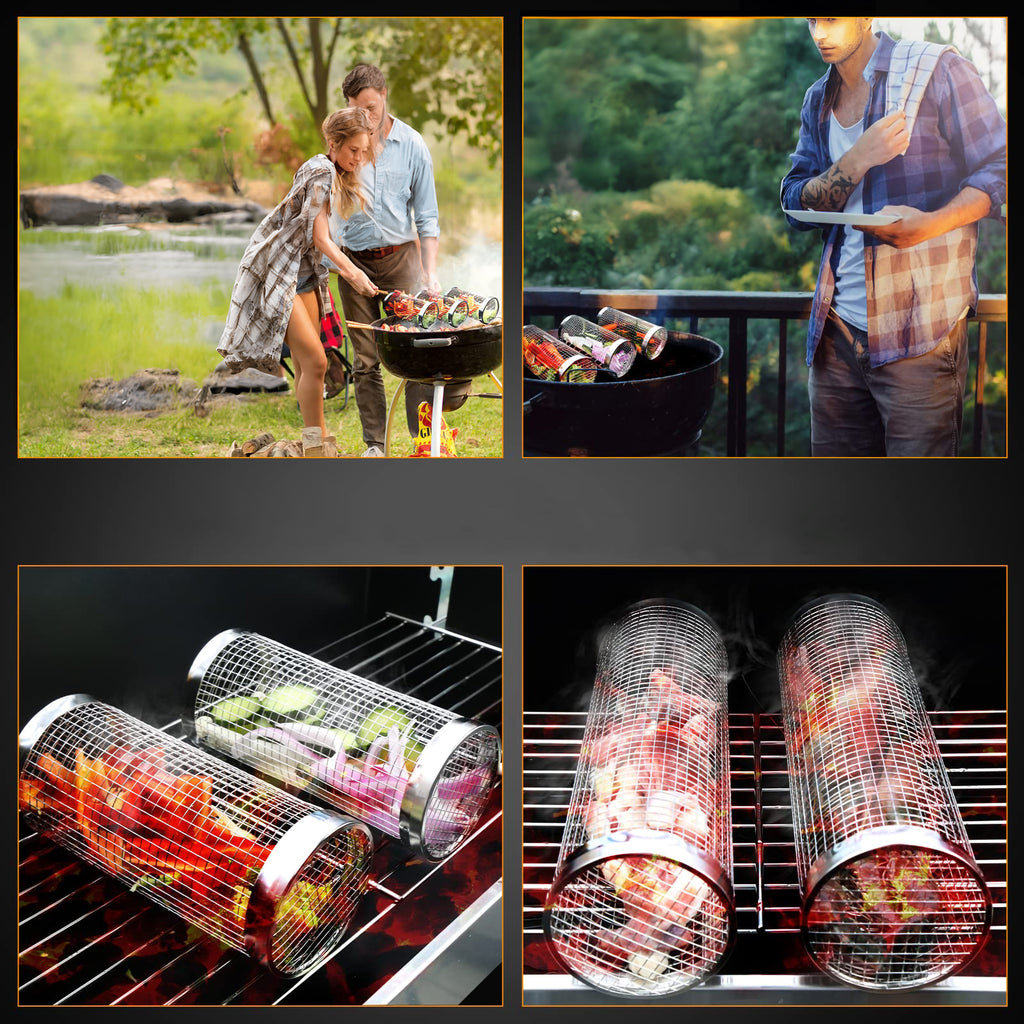 Rolling Grill Basket Mesh Bbq Tube 2 Pack Fish, Shrimp, Meat, Vegetabl ...