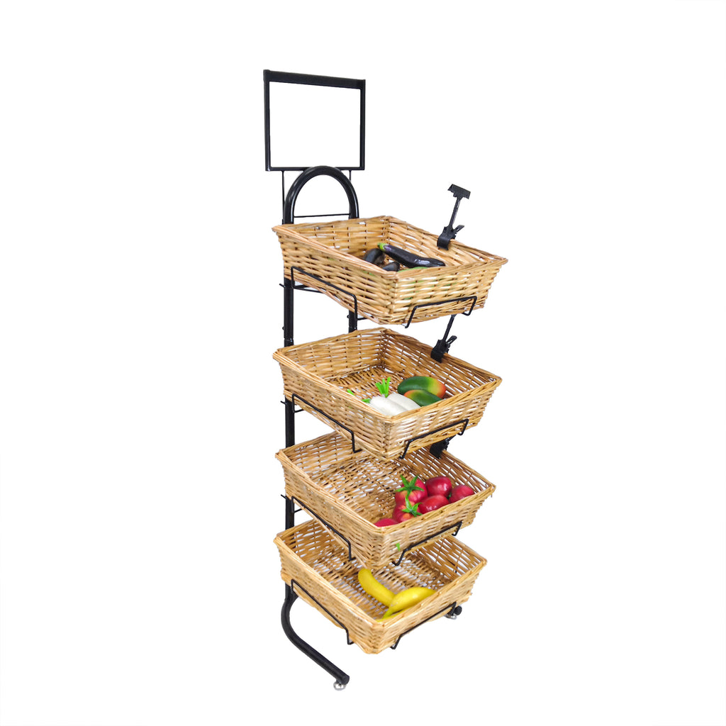 4 Tier Basket Stand, Sign Clips, Wicker Black 120006 – FixtureDisplays