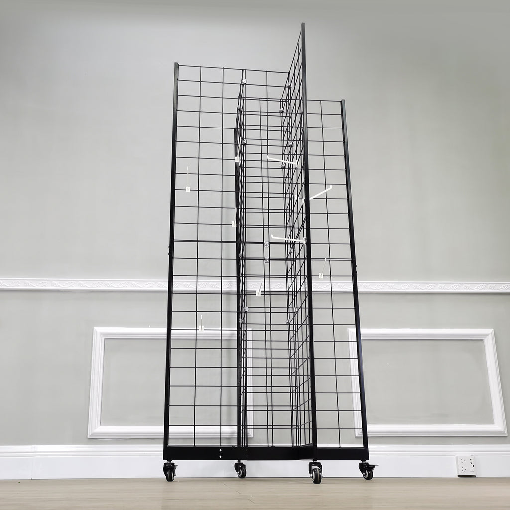 Four-Sided Gridwall Display Rack Black 3X4" Grid 4-Way Floor Stand Tra ...